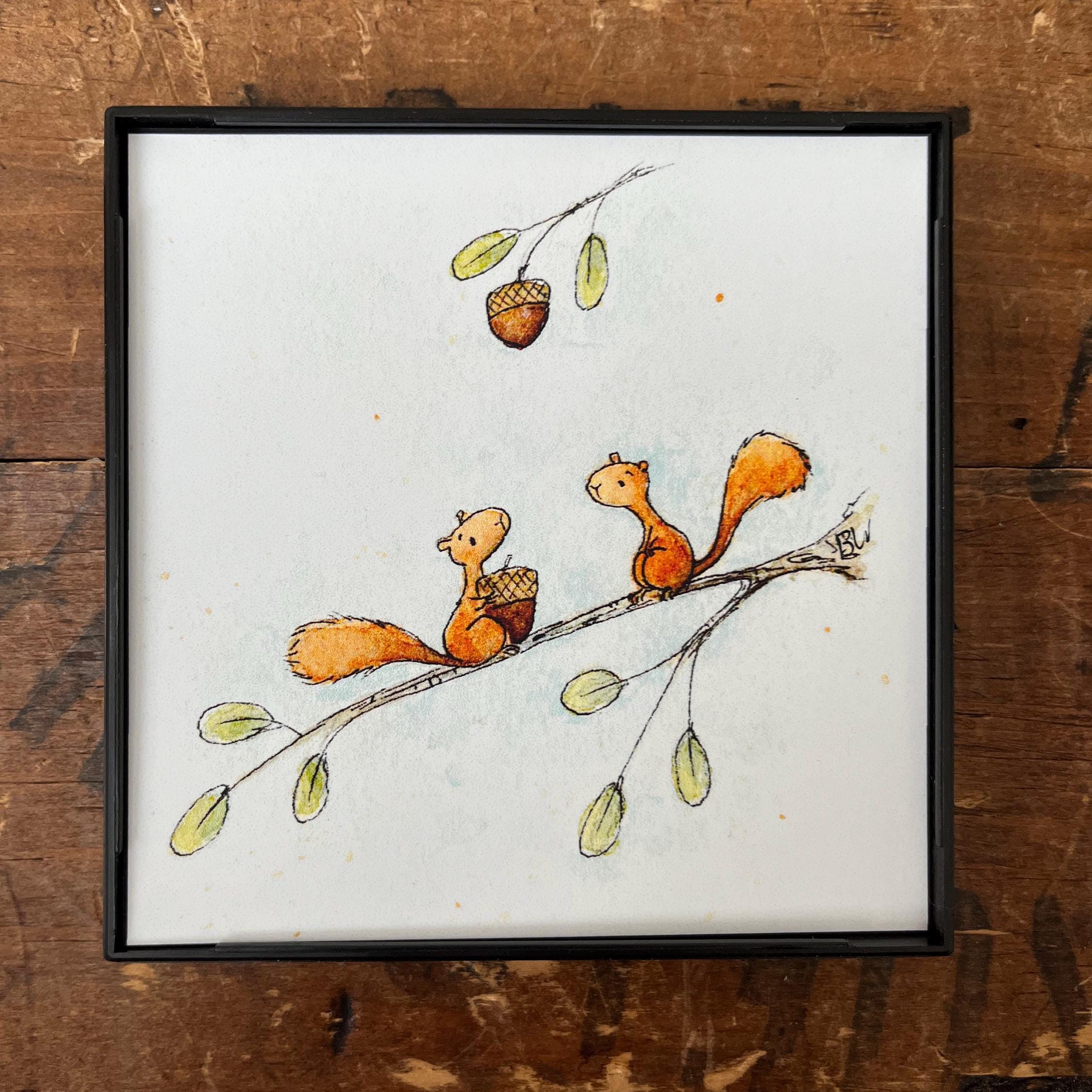 Squirrels With Acorn Print: Original Watercolor Illustration (4x4) - Etsy