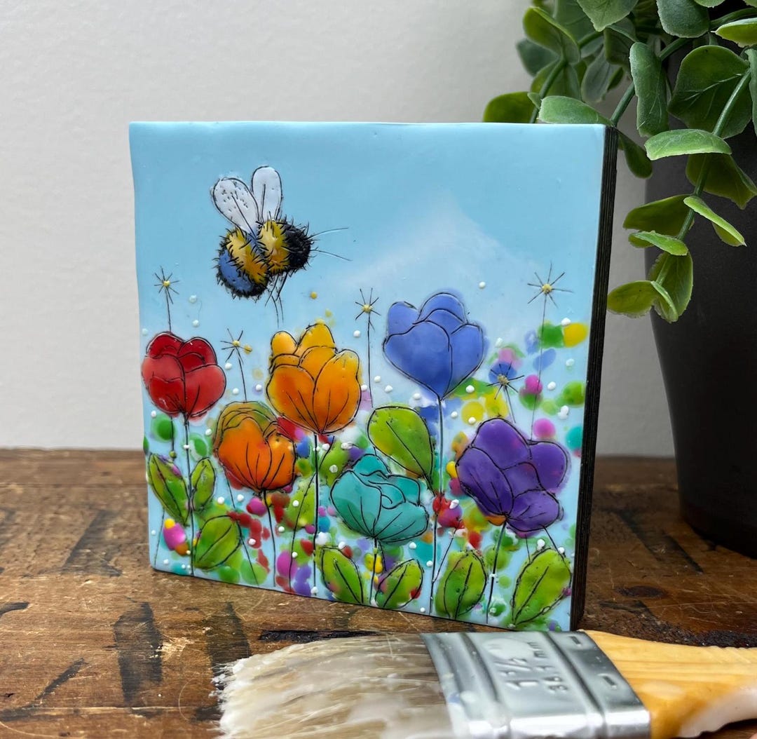 Bees and Flowers Original Encaustic Painting, 4”x4” Beeswax Dimensional ...