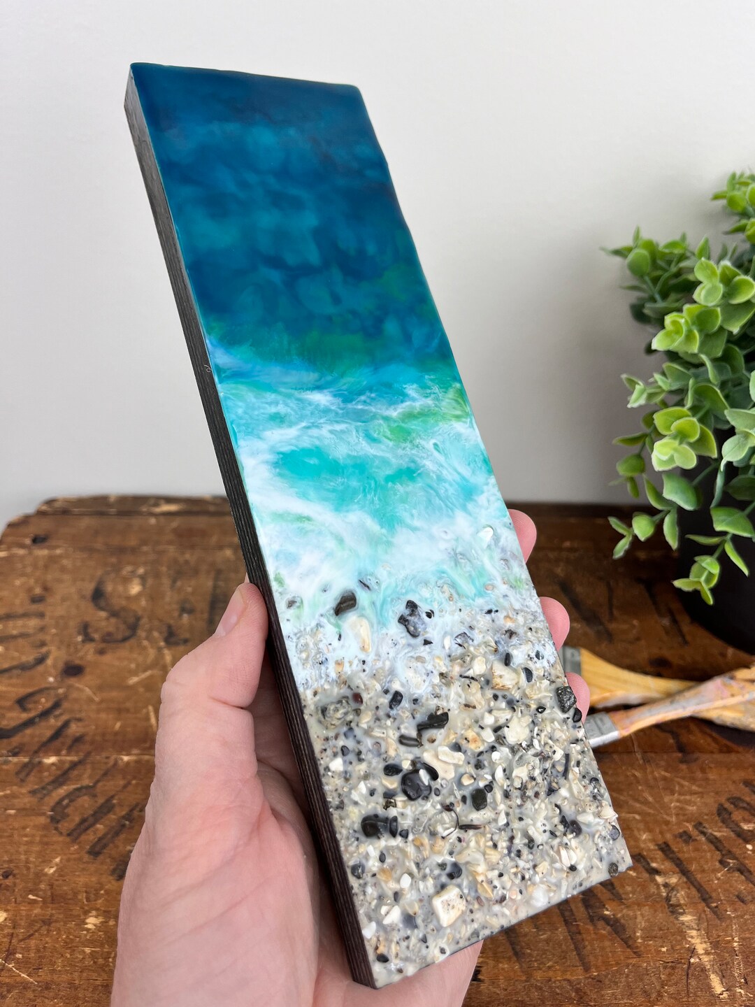 Ocean Waves Encaustic Beeswax Painting With Real Shells and Sand, Mini ...