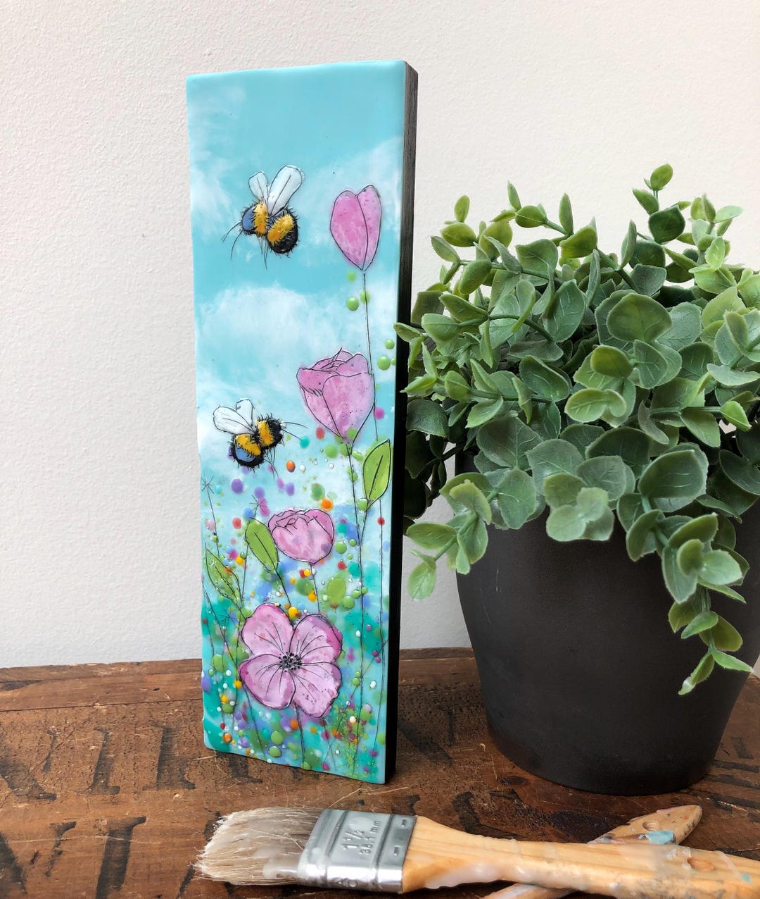 Encaustic Bumble Bee Pink Flower Painting Art , 10”x3” Encaustic ...