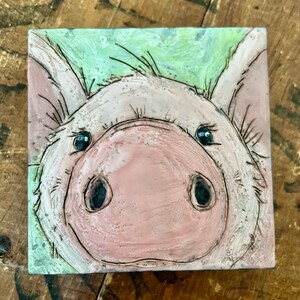 Wax Pig Painting, 4”x4”, Piggie Piglet Pig Mini Small Art, Textural ...
