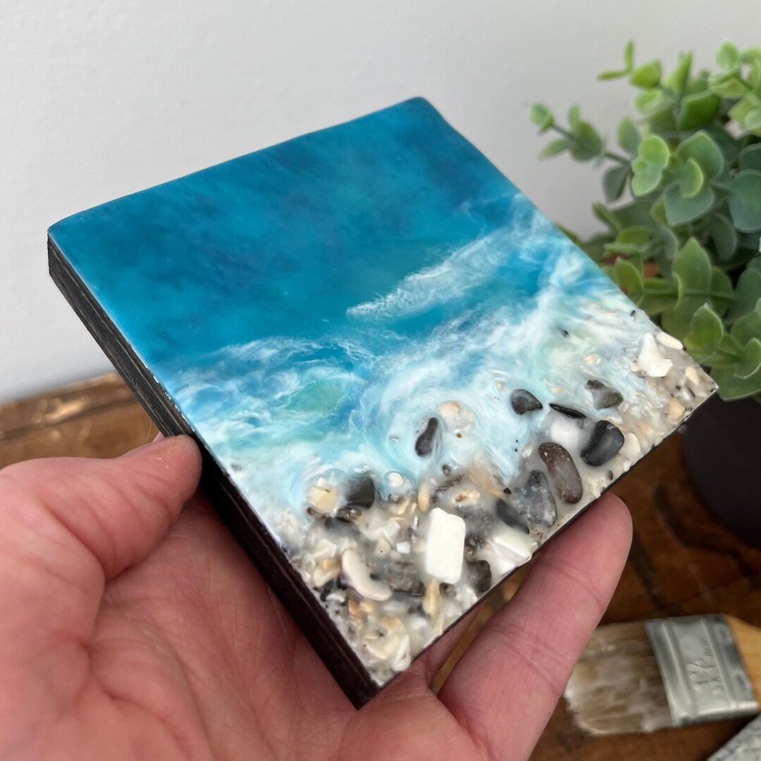 Ocean Waves Encaustic Beeswax Painting With Real Shells and Sand, Mini ...