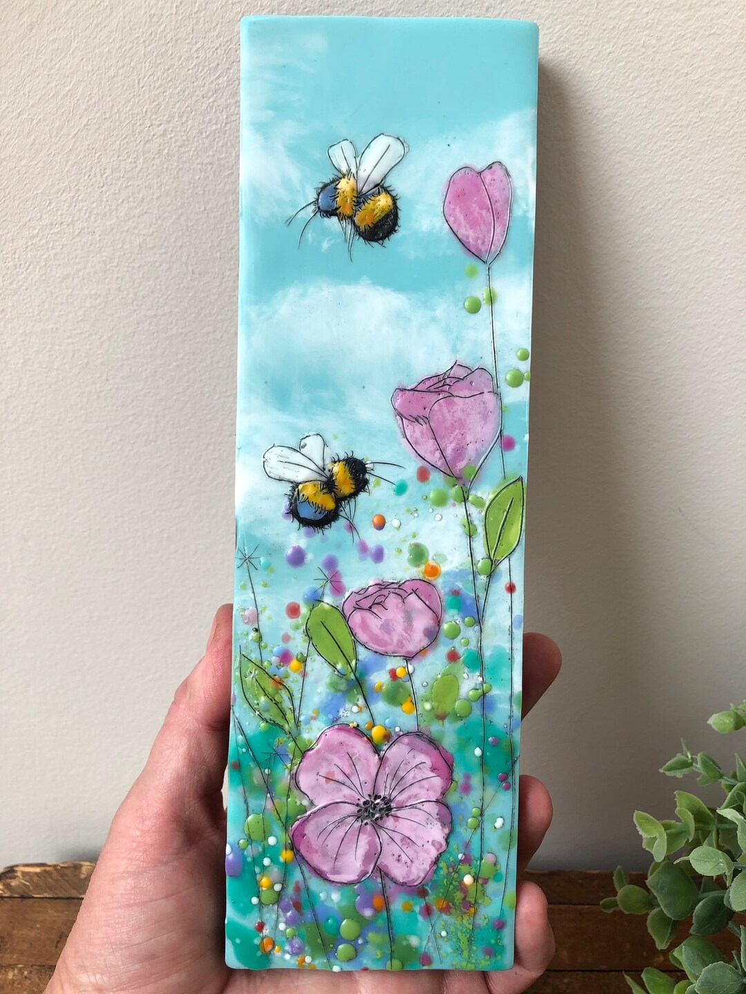 Encaustic Bumble Bee Pink Flower Painting Art 10x3 - Etsy