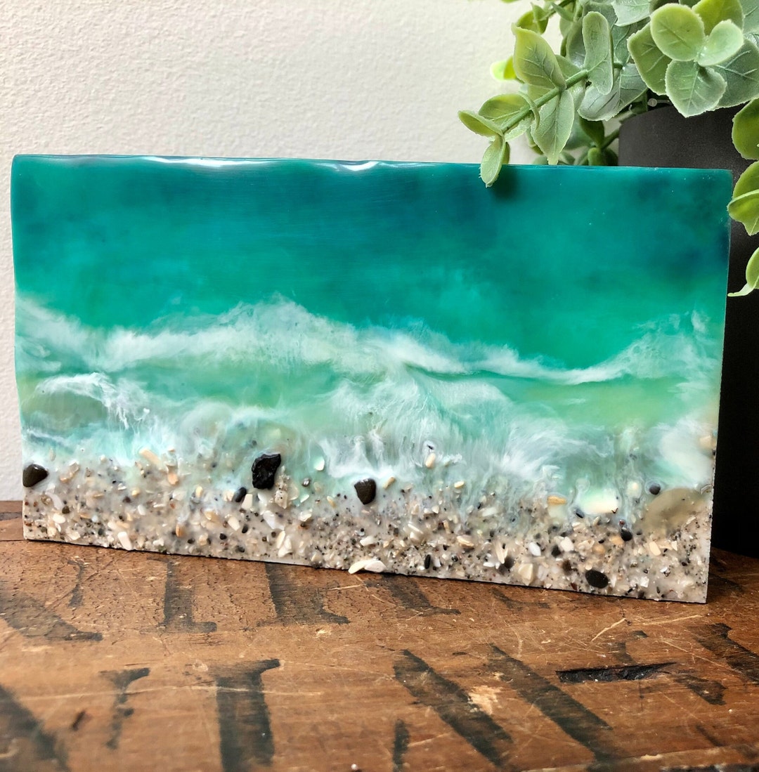 Ocean Waves Encaustic Beeswax Painting With Real Shells and Sand, Mini ...