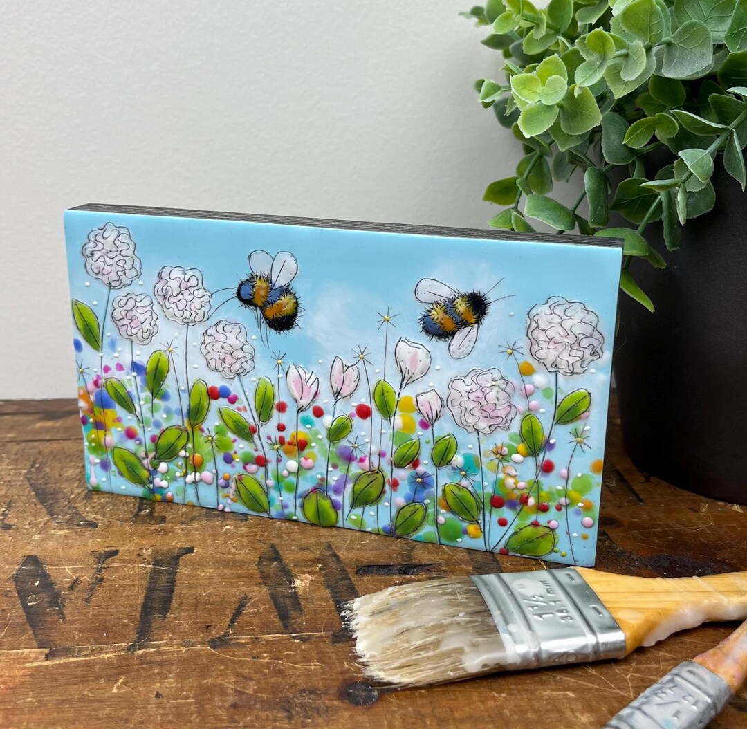Bees and Flowers Original Encaustic Painting, Beeswax Art, Dimensional ...