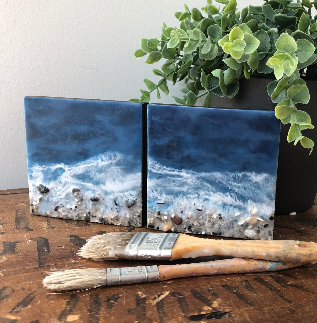 Ocean Waves Encaustic Beeswax Painting With Real Shells and Sand, Mini ...
