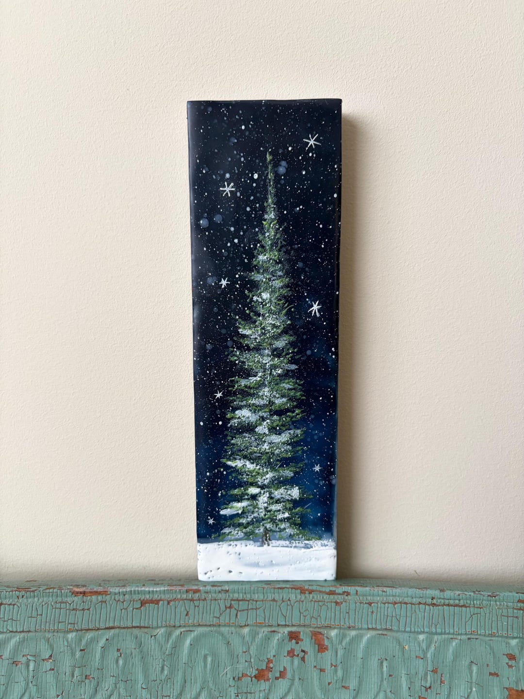 Winter Tree Encaustic Beeswax Painting, 10”x3”, Snowflakes Winter ...