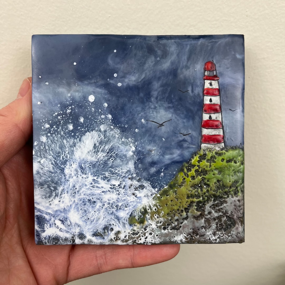 Encaustic Beeswax Coastal Ocean Lighthouse Painting, 4x4 Art, Small Art ...