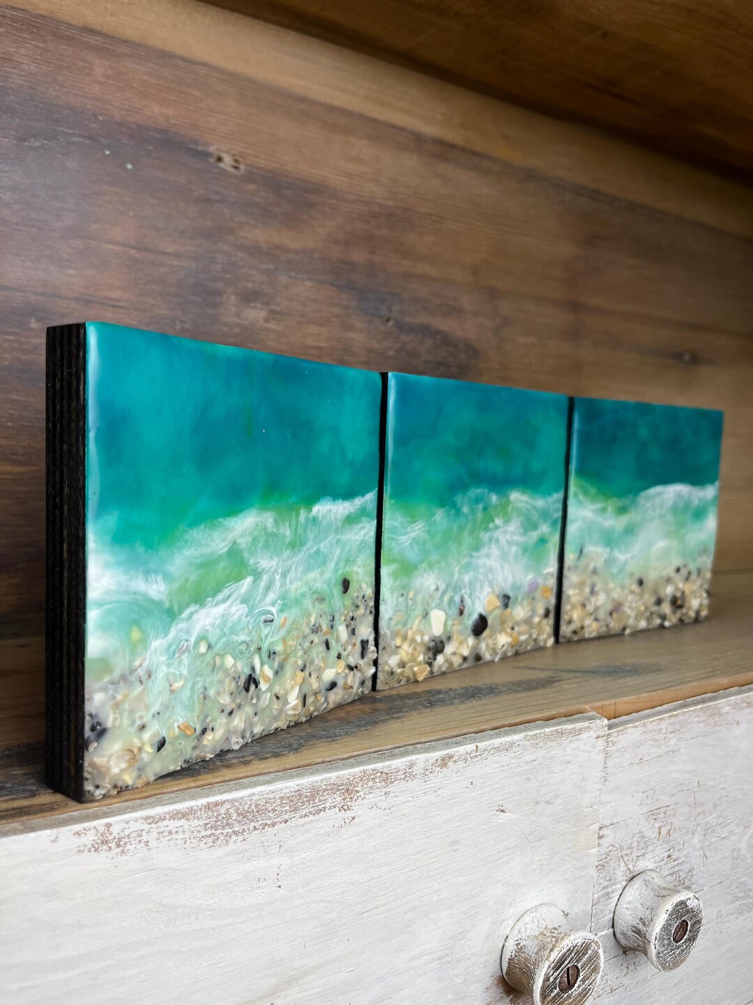 Trio Ocean Waves Encaustic Beeswax Painting With Real Shells and Sand ...