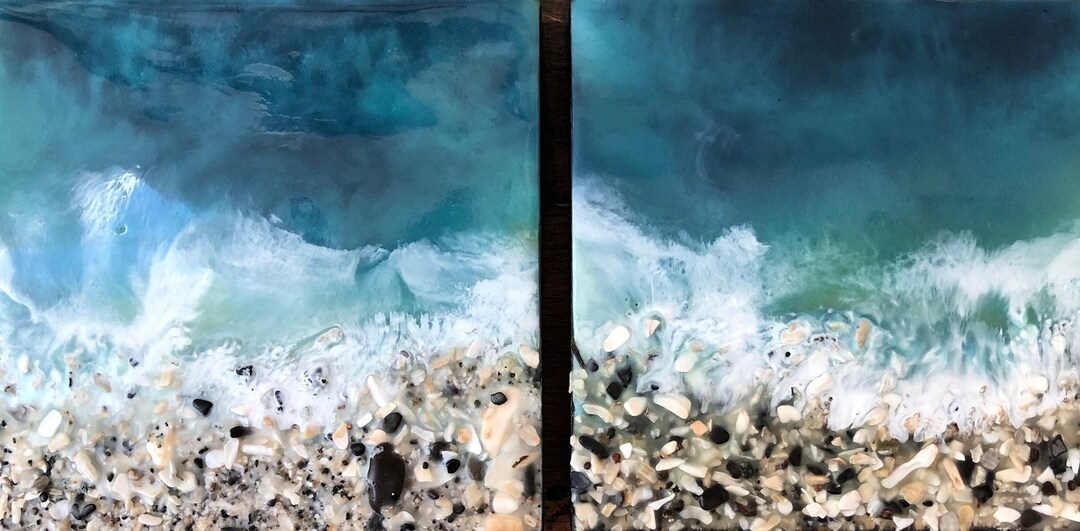 Ocean Waves Encaustic Beeswax Painting With Real Shells and Sand, Mini ...