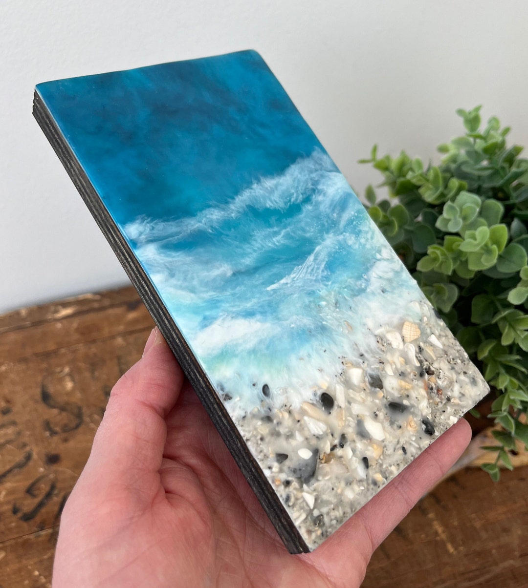 Ocean Waves Encaustic Beeswax Painting With Real Shells and Sand, Mini ...