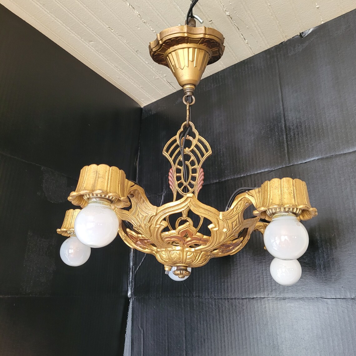 Vintage Antique 5-light Cast Iron Ceiling Fixture Original Polychrome ...