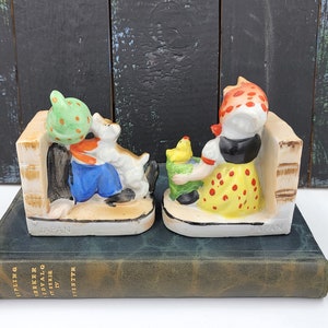 Japan Little Girl and Little Boy Ceramic Bookends With Animals, Stamped ...