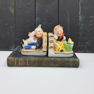 Japan Little Girl and Little Boy Ceramic Bookends With Animals, Stamped ...