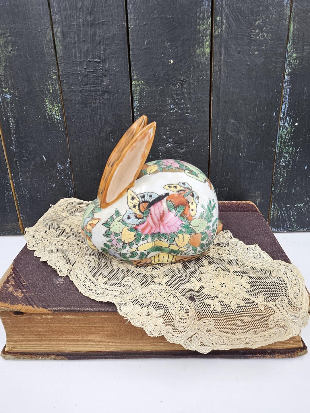 Famille Rose Porcelain Bunny Rabbit, Floral Decorated Pottery Rabbit ...