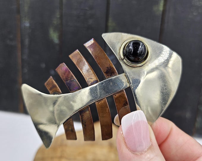 Handmade Artisan Fish Skeleton Metal Pendant Pin, Chrome Copper Glass ...