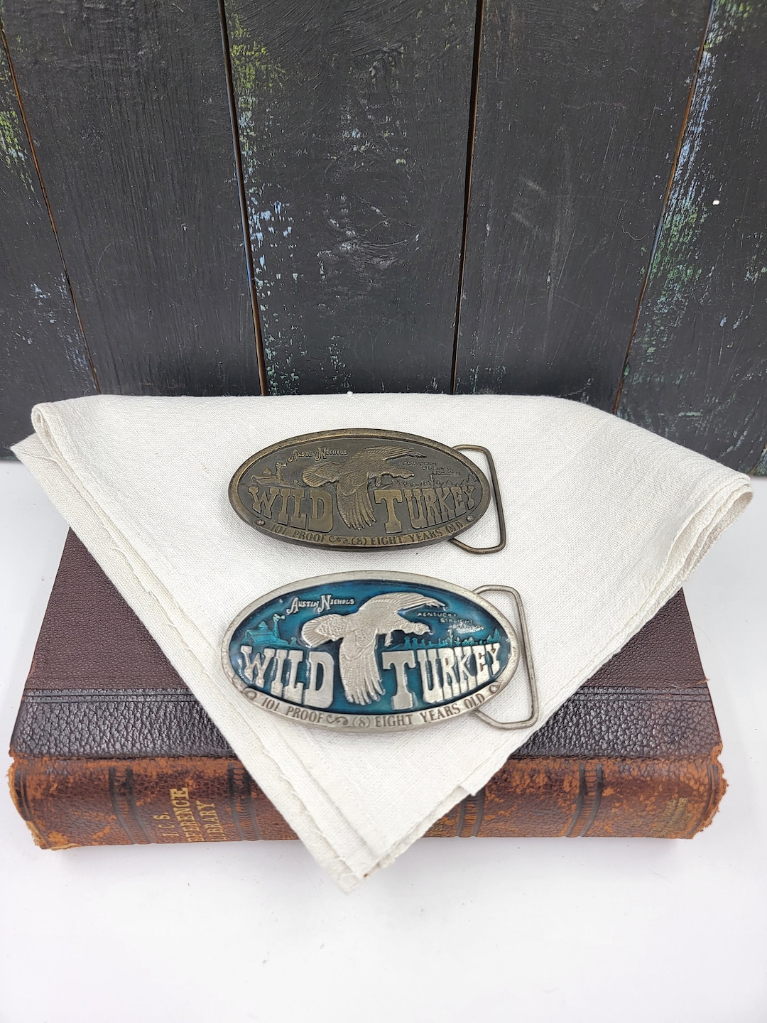 Green Enamel and Silver Metal Wild Turkey Kentucky Bourbon Belt Buckles ...