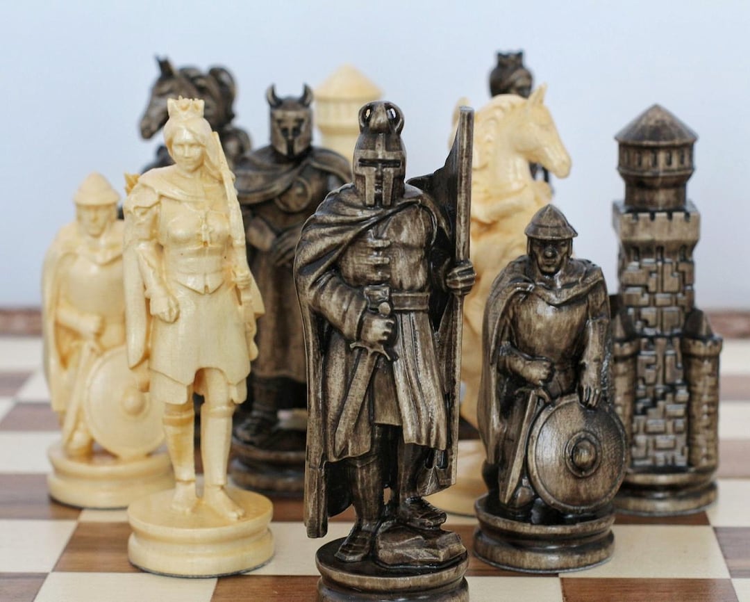 Medieval Themed Chess Set Pieces, Large Wood Carving Chess Pieces With ...