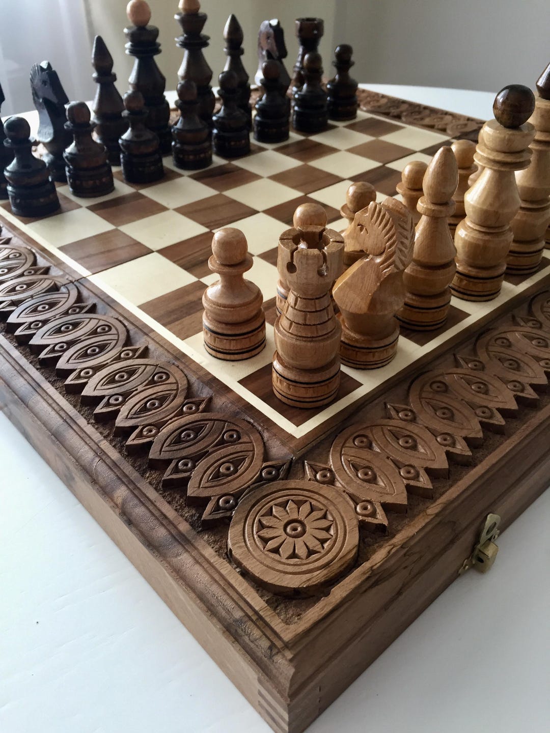 Large Chess Set Wood, Hand Carved Chess Table Board Set With Storage ...