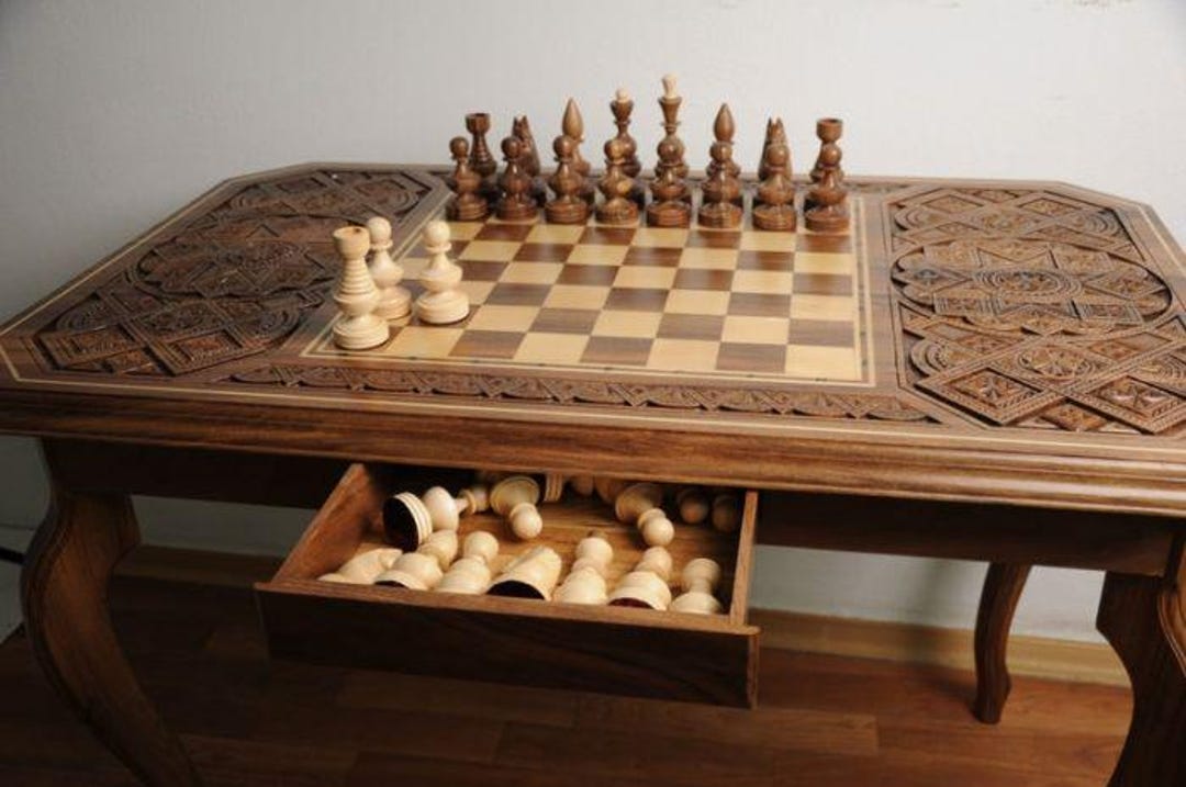 Hand Carved Chess Set, Modern Chess Table With Storage, Walnut Wooden ...