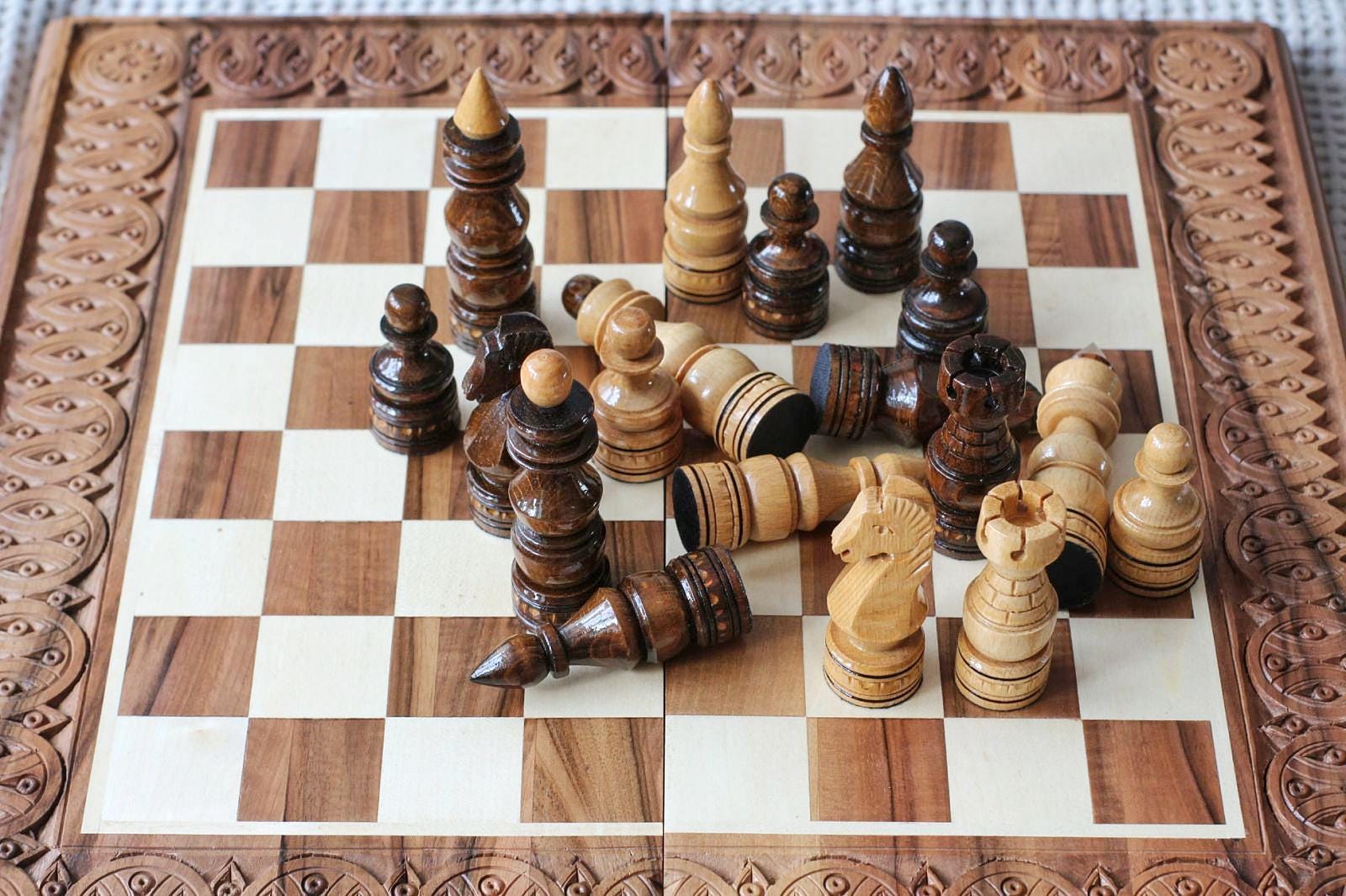 Large Chess Set Wood, Hand Carved Chess Table Board Set With Storage ...