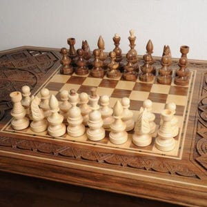 Hand Carved Chess Set, Modern Chess Table With Storage, Walnut Wooden ...