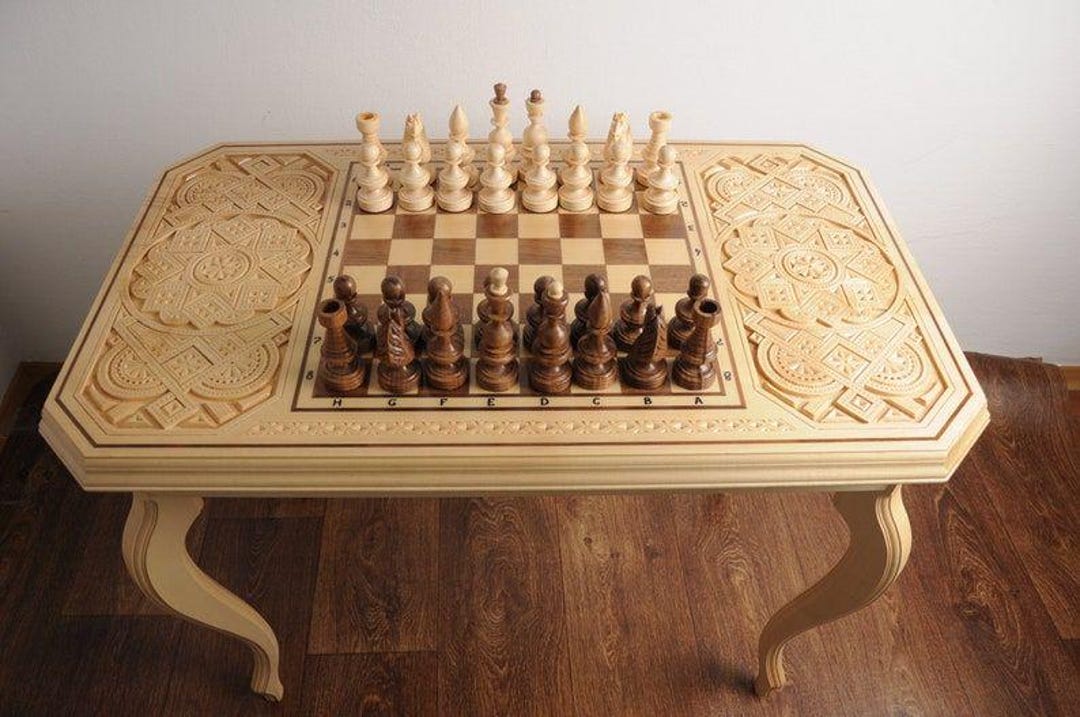 Modern Chess Table With Storage, Large Hand Carved Chess Set, Walnut ...