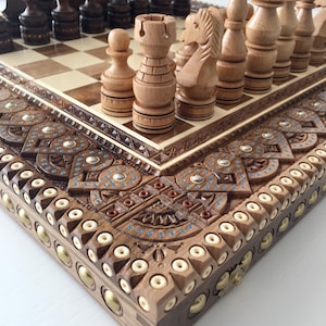 Patterned Chess Board, Handmade Wooden Chess Set Gift Carved Wooden ...
