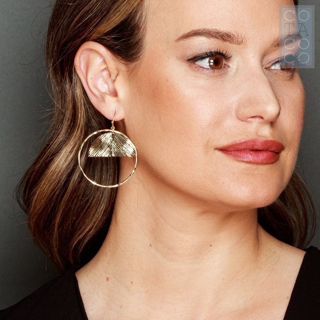 Half Moon Half Circle Dangle Earring, Gold Statement Earrings, Crescent ...