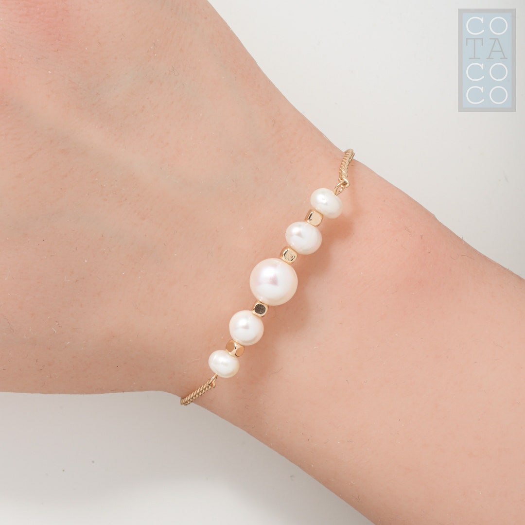 5 Pearls Bracelet, Pull Tie Bracelet, Pearl Bar Bracelet, Stackable ...