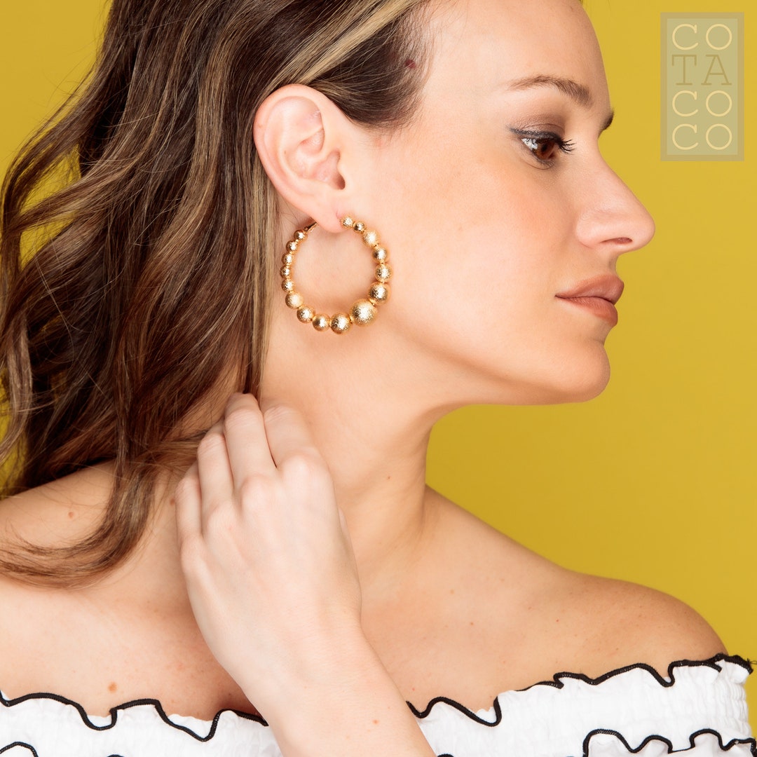 Textured Ball Beaded Hoops Earrings, Ball Hoop Earring, Gold Ball Hoops ...