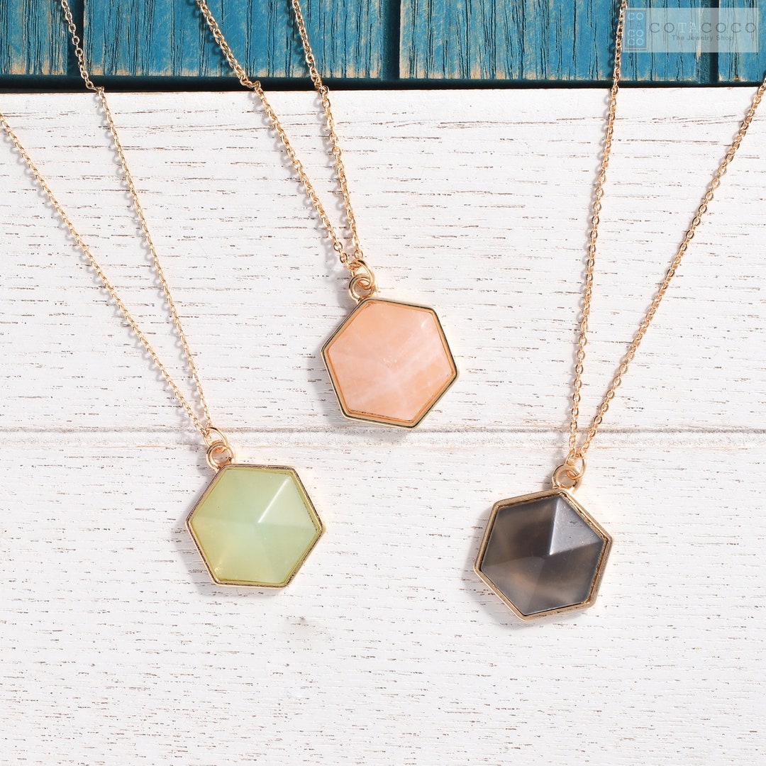 Hexagon Pendant Necklace, Rose Quartz Necklace, Moonstone Necklace ...