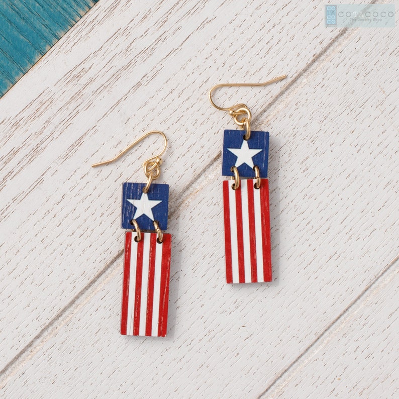 American Flag Earrings Statement Earrings Wood Printed USA | Etsy