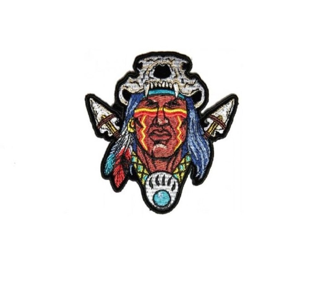Native American INDIAN W/ SKULL HEADDRESS 3.75" X 4" Iron on Patch ...