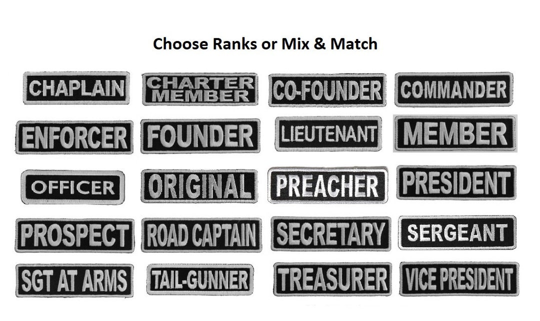 Choose Rank WHITE ON BLACK 3.5" X 1" (unless Stated) Club Rank Iron on ...