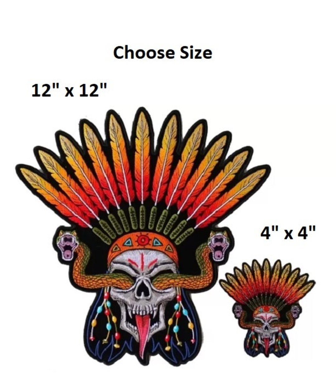 Choose Size WICKED SKULL With Snakes & Feathers 4-5/8" or 12" Iron on ...