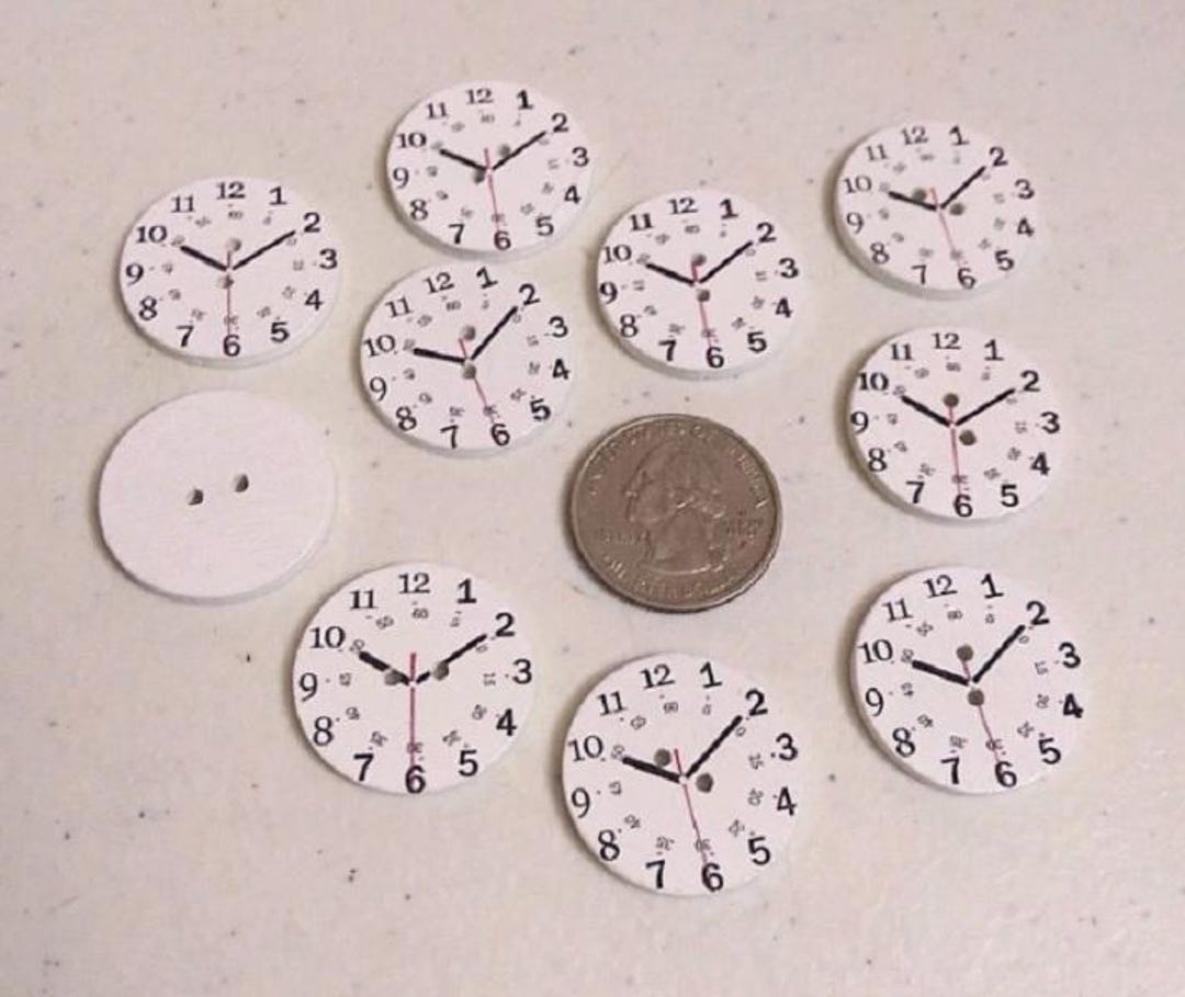 Pack of 10 CLOCK FACE 2-hole White Wood Buttons 1" (25mm) Scrapbook ...