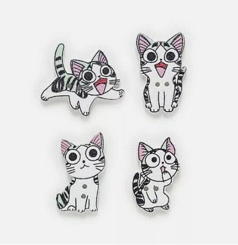 Pack of 10 Cartoon CATS 2-hole White Wood Button 1" X 5/8" (25mm) Craft ...