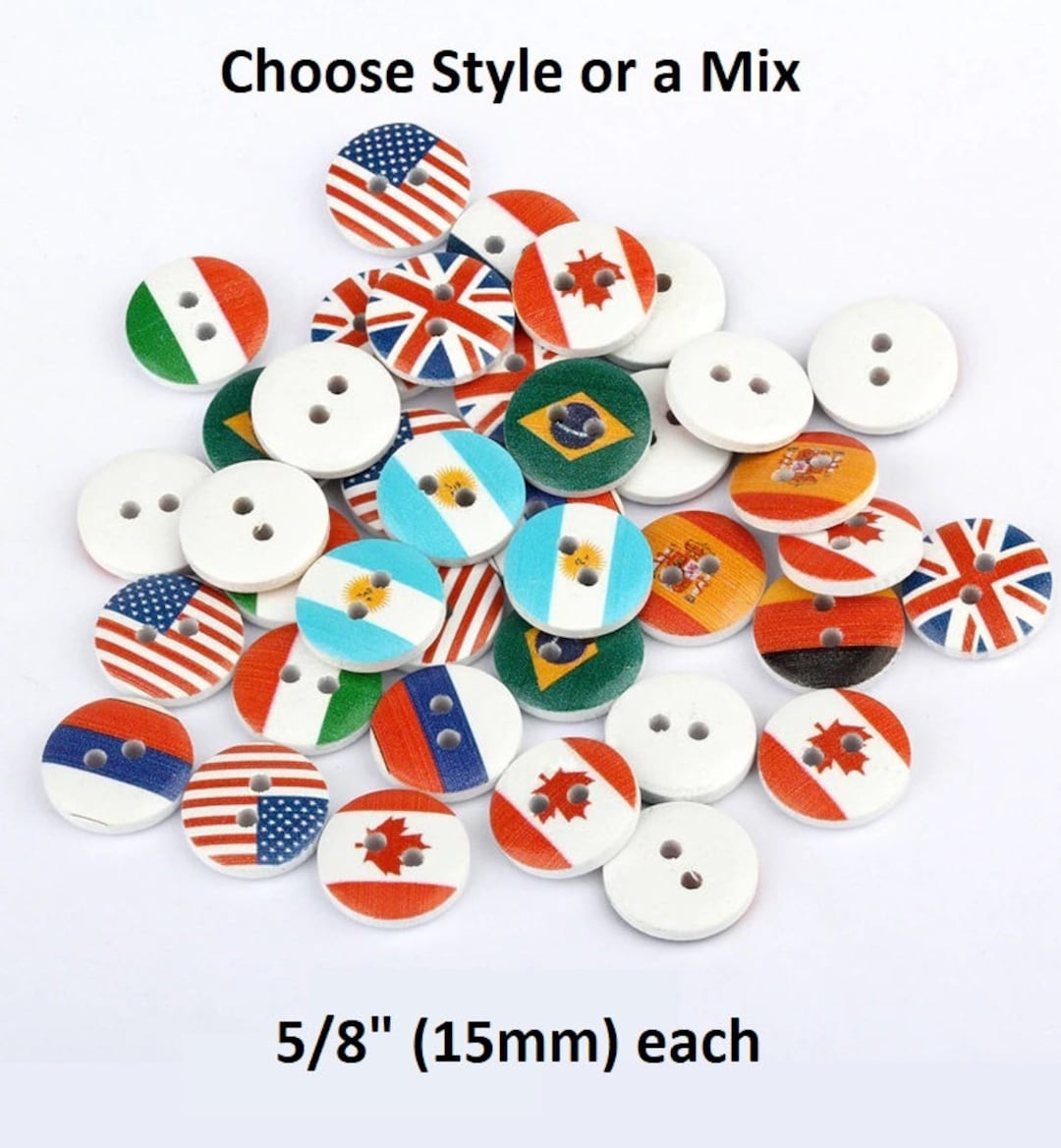 Choose Pack of 20 COUNTRY FLAG 2-hole White Wood Buttons 5/8" (15mm ...