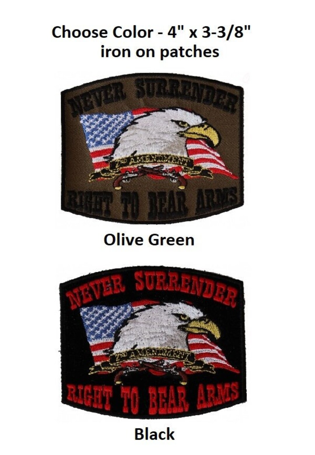 Choose Color NEVER SURRENDER Right to Bear Arms 4" X 3-3/8" Iron on ...