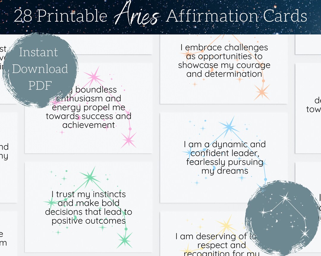 Aries Zodiac Affirmation Cards | Instant Download PDF | A4 + US Letter ...