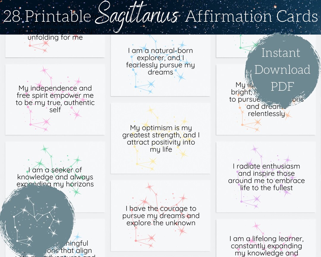 Sagittarius Zodiac Affirmation Cards | Instant Download PDF | A4 + US ...