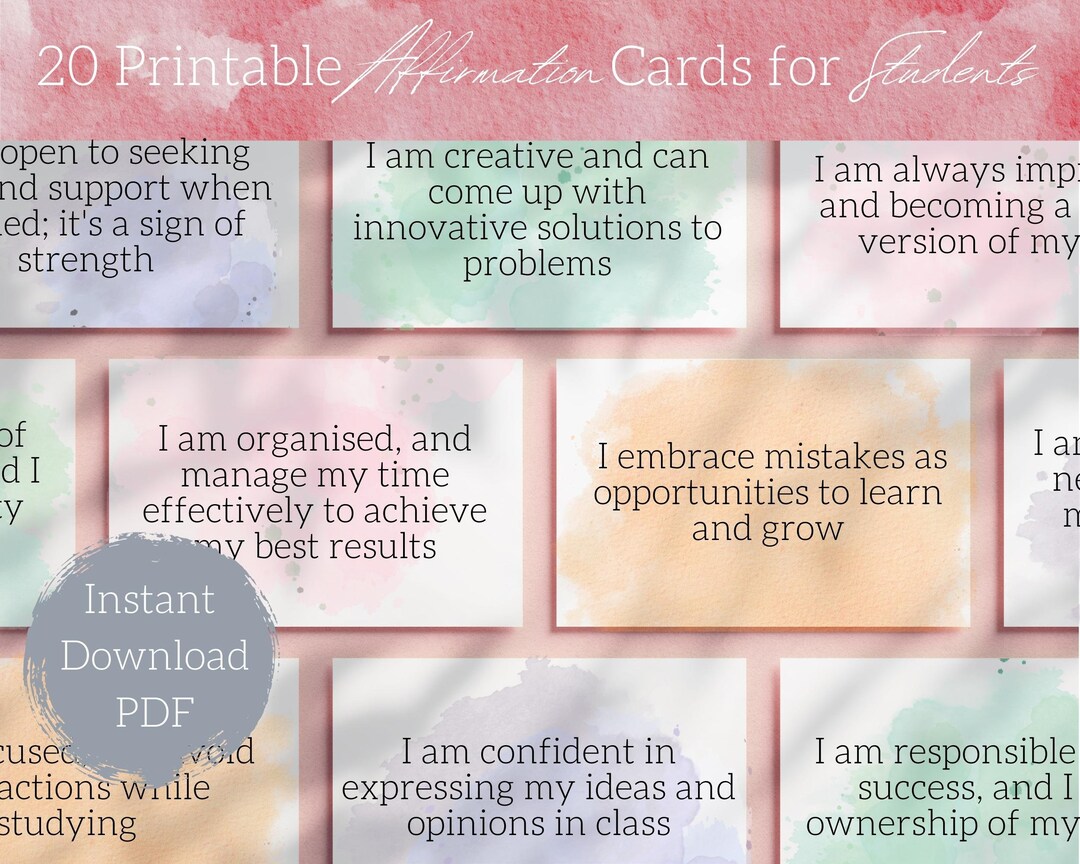 Student Affirmation Cards Instant Download Print at Home - Etsy