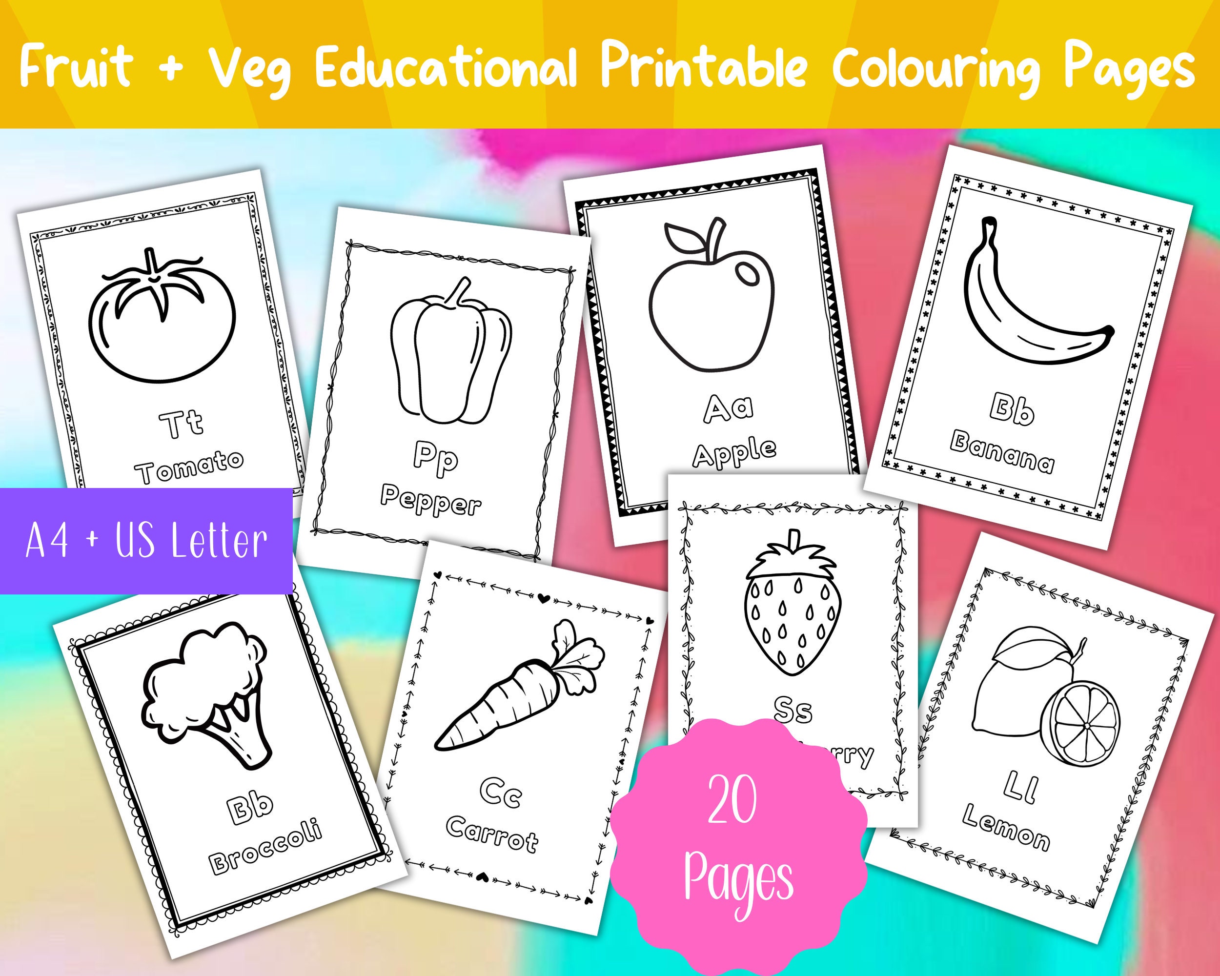 Fruit + Vegetable Spelling Printable Colouring Pages for Kids ...