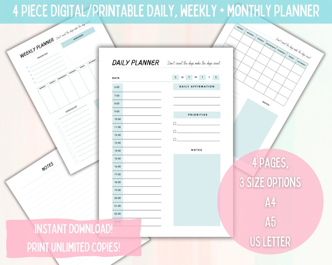 Digital Download Printable Daily, Weekly & Monthly Planner | Print at ...