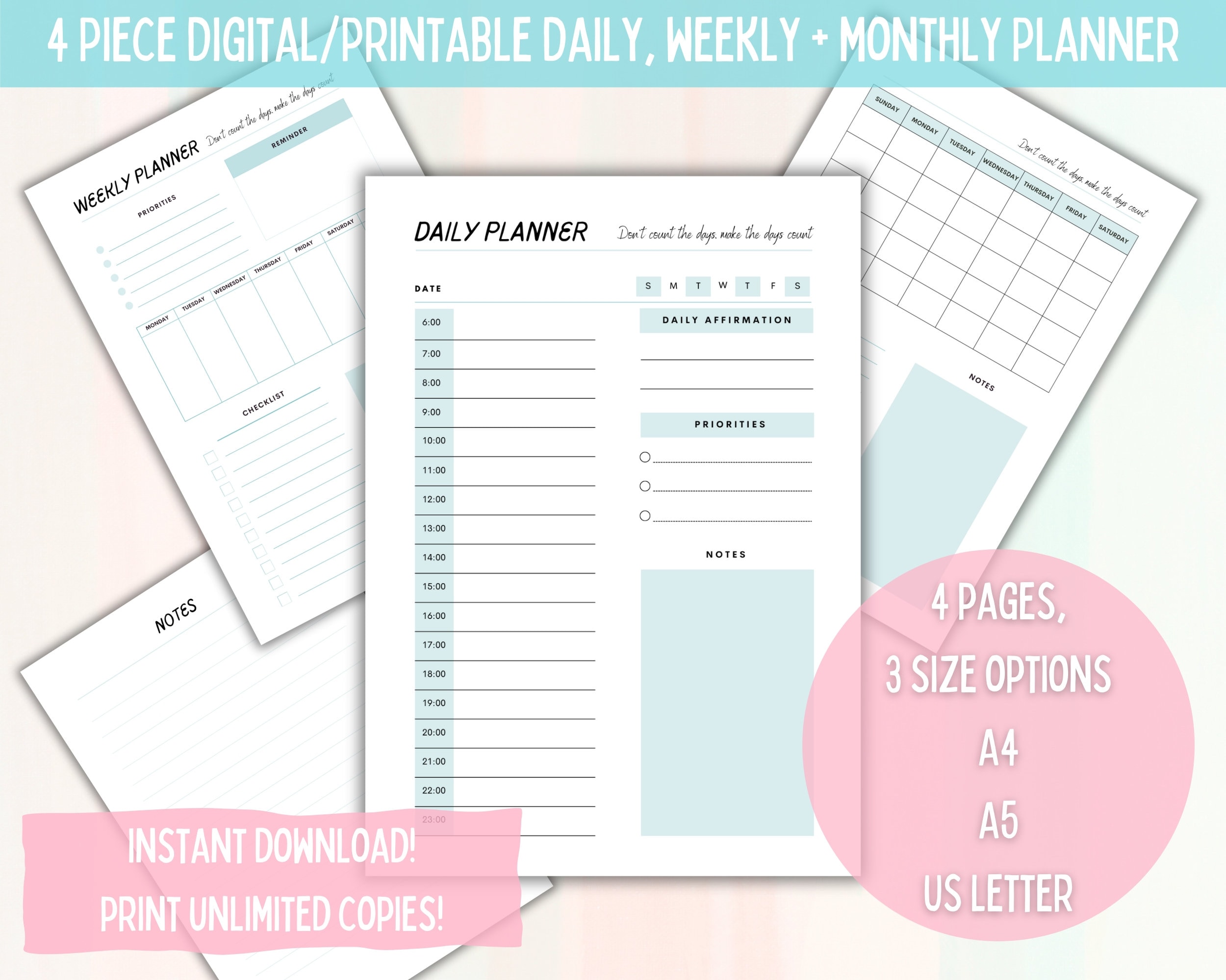 Digital Download Printable Daily, Weekly & Monthly Planner | Print at ...