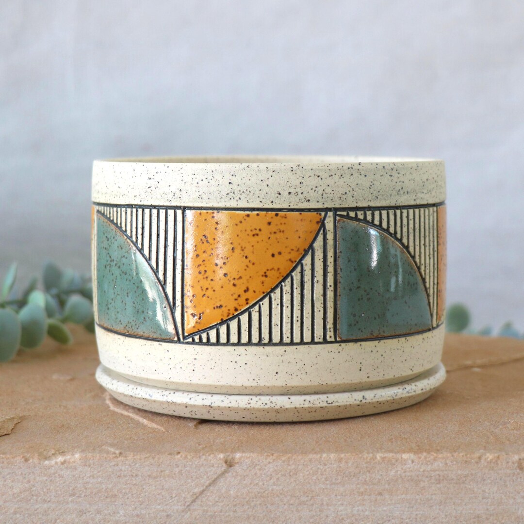 Handmade Ceramic Planter, Geometric Design, Wheel Thrown, Hand Painted ...