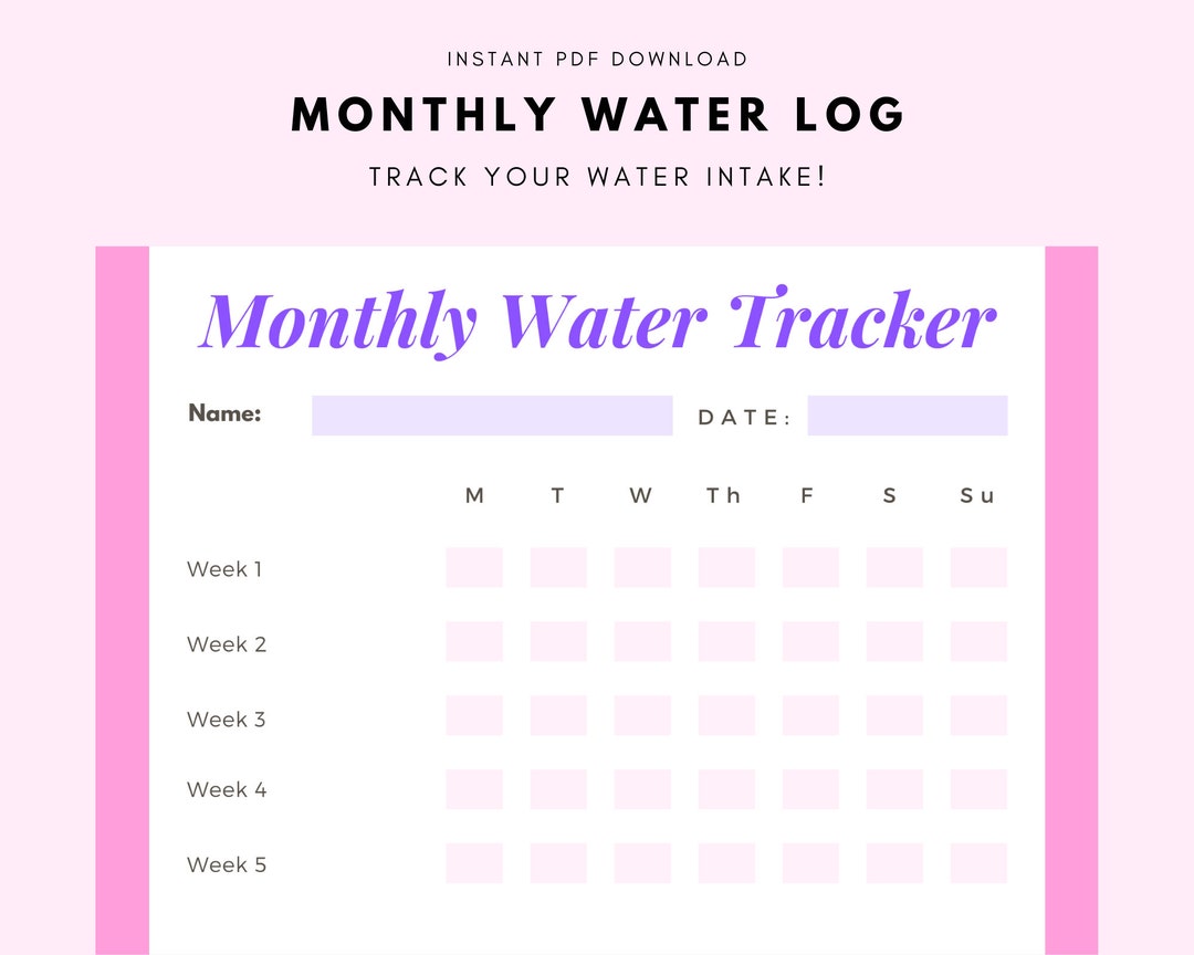 Monthly Water Intake H2O Hydration Tracker and Log (INSTANT PDF ...