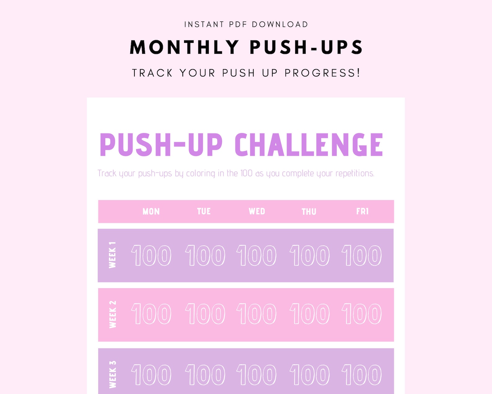 Monthly Push-up Challenge Tracker and Log (INSTANT PDF DOWNLOAD) - Etsy