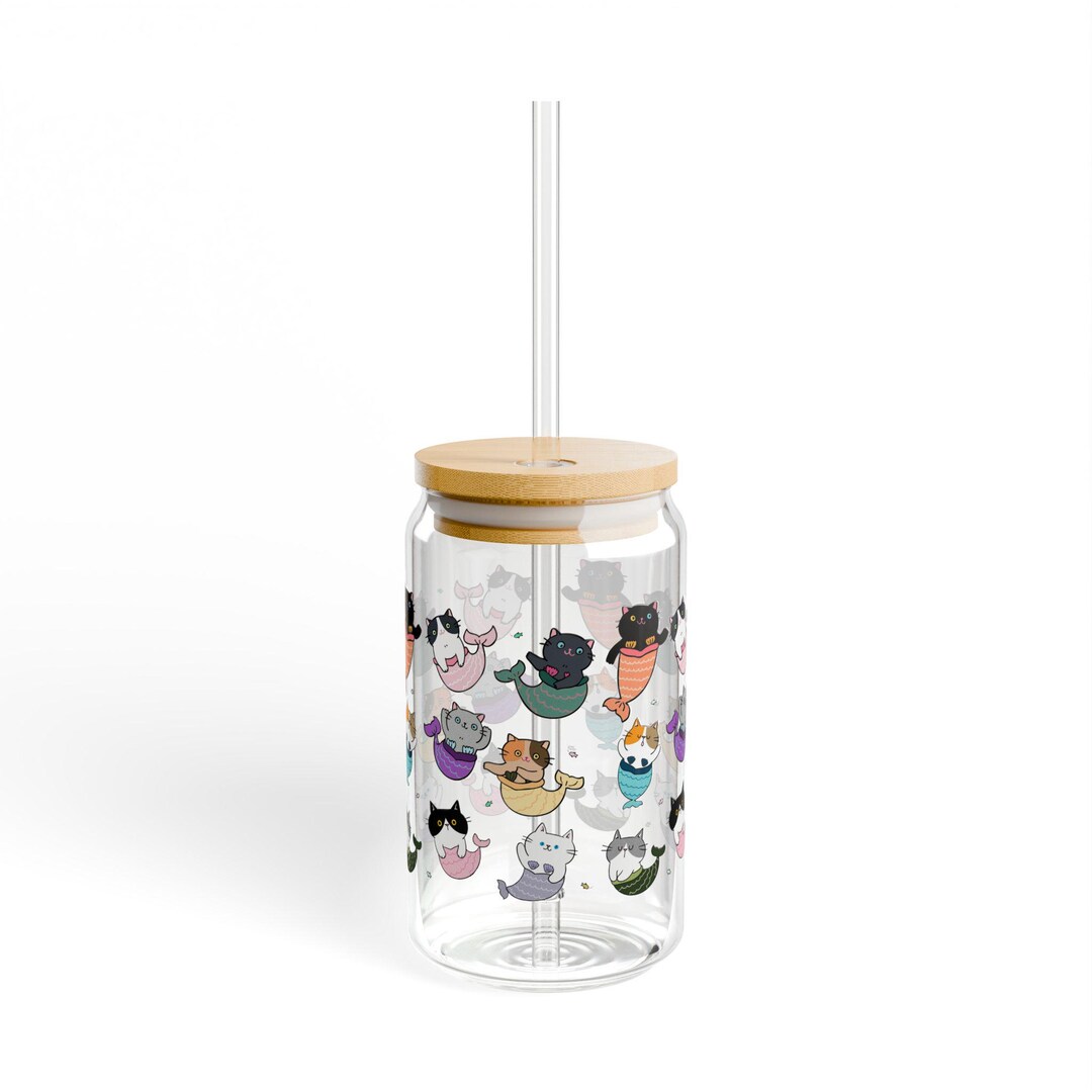 Playful Mermaid Cat Sipper Glass Cup 16oz With Lid and Straw - Etsy